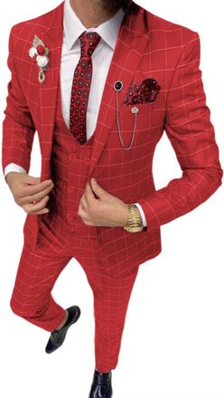 Solovedress Anz&uuml;ge f&uuml;r Herren 3 Teilig Klassischer Karierter Herrenanzug Sakko Hose Weste f&uuml;r Hochzeiten und Gesch&auml;ft (Rot,3XL)