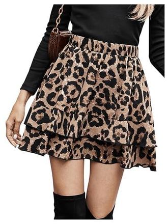 SOLY HUX Jupe Léopard Élégante - Courte, Taille Haute, Multicouche - Pour Femme, Loisirs et Fête - Patineuse, Marron, S