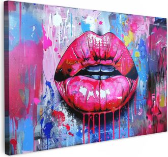 MuchoWow © Leinwand Groß 120x80 cm XXL Deko Schlafzimmer Aesthetic Leinwandbilder Wohnzimmer Gemälde Foto Geschenk Living Room Decoration Graffiti - Lippen - L