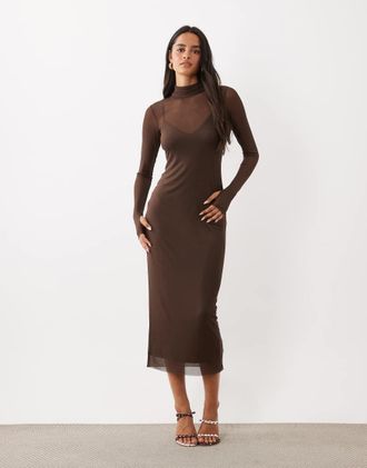 AFRM Shailene Mesh-Rollkragen-Cami-Futter-Bodycon-Midikleid in Schokobraun