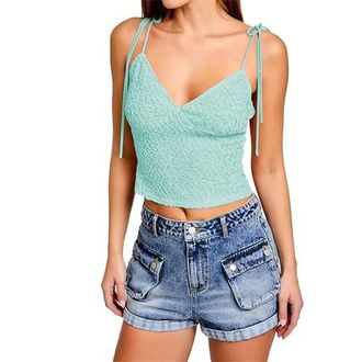 Generic D&eacute;bardeur spaghetti pour femme - Noir - Court - D&eacute;bardeur de sport ample - &Eacute;l&eacute;gant - Col en V - Haut d&eacute;t&eacute; sexy - Camisole - Sans manches - Coton - Cou