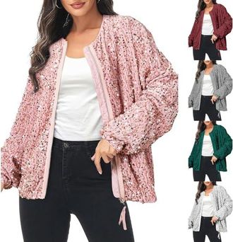 Generic Hauts scintillants pour femme - Veste &agrave; paillettes pour femme, coupe ample, manches longues, cardigan tendance &agrave; col rond, couleur unie, manteau ouver