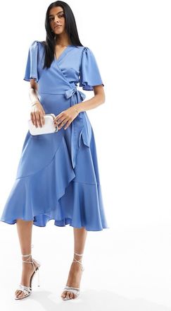 Vero Moda Y.A.S - Robe portefeuille mi-longue de demoiselle dhonneur en satin - Bleu