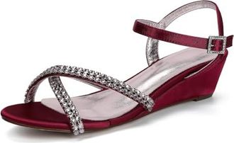 Generic Chaussures De Mariage Sandales Femme Été Compensées Mariée Peep Toe Talons Bas 4Cm pour Bal De Fin Dannée, Soirée,Wine Red,40 EU