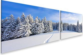 Islandburner Leinwandbild Winterwald Landschaft bei Sonnenschein und blauem Himmel - Leinwand 160x40cm - 2 Teile