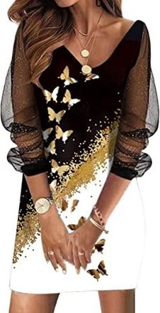 TOMWELL Mini Robe de Soirée Col en V Élégante Casual en Maille À Manches Longues en Tulle Femme Sexy Chic pour Printemps Z1 Blanc XL