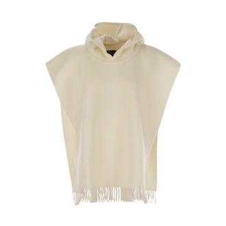 Brunello Cucinelli Femme, Vestes, Beige, Taille: ONE Size Poncho &agrave; capuche et franges en double tricot de laine et cachemire