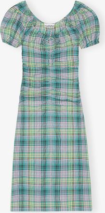Ganni Robe midi &agrave; encolure en U fronc&eacute;e, seersucker carreaux Vert - Pour Femme