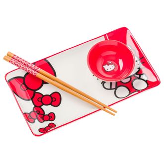 Silver Buffalo Sanrio Hello Kitty Keramik-Sushi-Set mit roter und wei&szlig;er Schleife, mit Dip-So&szlig;enschale und passenden Essst&auml;bchen