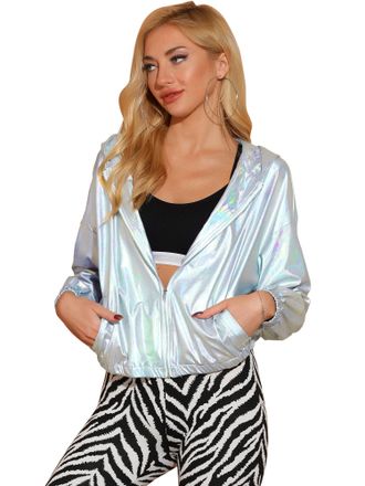 Allegra K Damen Bluson Langarm Metallic Jacke Holographic Party Rei&szlig;verschluss Kapuzenjacke Holografisch M