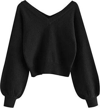 Zaful Haut-pull court &agrave; manches longues avec col en V pour femme, Noir, S