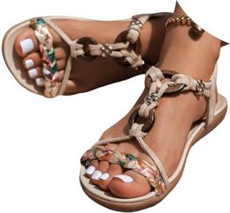 Generic Sandales boh&egrave;me pour femme 2026 - Chaussures plates d&eacute;t&eacute; habill&eacute;es avec sangle de cheville &eacute;lastique - Chaussures de plage antid&eacute;rapantes - Confortabl