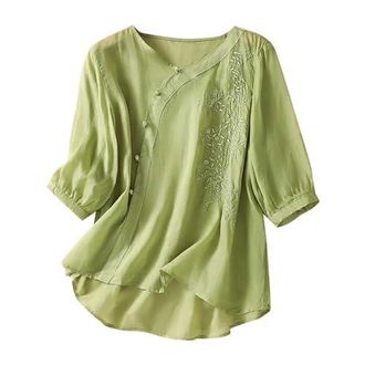 Generic Chemisiers en lin pour femme &agrave; manches 3/4 vintage avec broderie boutonn&eacute;e et manches courtes - Hauts d&eacute;contract&eacute;s pour femme - V&ecirc;tements boh&egrave;mes, Ver