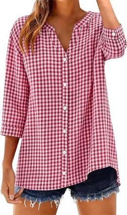 Generic Chemises boutonn&eacute;es en coton &agrave; manches 3/4 pour femmes, haut ray&eacute; vichy &agrave; carreaux et col en V, chemisier ample d&eacute;contract&eacute; d&eacute;t&eacute; &agrave; carreaux, Rouge, XX