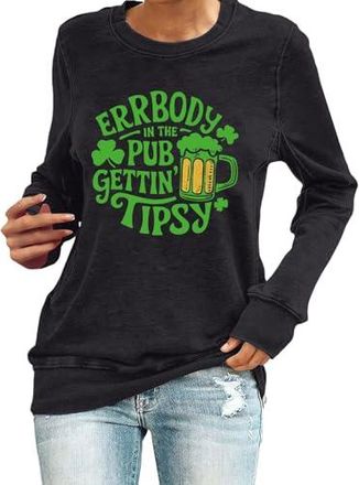 Generic Haut de la Saint-Patrick pour femme - Imprim&eacute; tr&egrave;fle porte-bonheur - Col rond - Chemisier fantaisie &agrave; manches longues - Chic - Doux et confortable - V