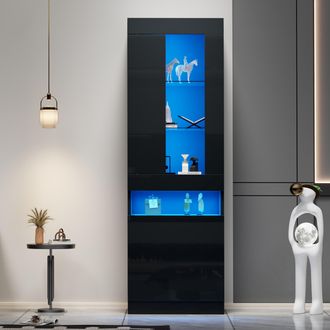 Merax Vitrine mit LED-Lichtern, Vitrinenschrank Glasvitrine mit viel Stauraum, Modern Aufbewahrungsschrank B&uuml;cherschrank Standvitrine Wohnw&auml;nde f&uuml;r Wohnzimm