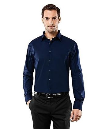 Vincenzo Boretti Chemise Homme Coupe Normale Regular-fit, 100% Coton, Tissu Infroissable et agr&eacute;able &agrave; Porter, Manches-Longues, col Kent, Unie Bleu fonc&eacute; 39-40