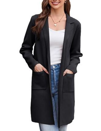 Grace Karin Gilet Long Femme Hiver Chaud Vintage Cardigan Ouvert en Tricot Epaise D&eacute;contract&eacute; Noel Party Noir -1 XL