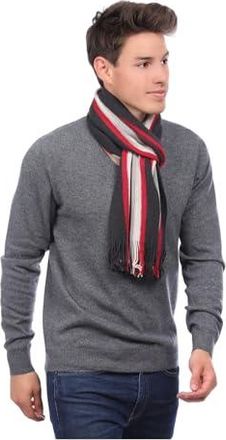 JL De La Tour &Eacute;charpe homme tricot&eacute;e ray&eacute;e 100% cachemire - Fines franges - Longueur 170 cm - &Eacute;charpe hiver &eacute;l&eacute;gante et luxueuse rayures rouge-gris-marron
