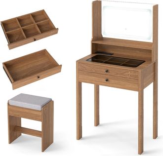 Giantex Schminktisch mit Hocker, Kosmetiktisch mit 3-Farbiger LED-Beleuchtung, Frisiertisch mit Steckdose, Make-up Tisch mit Spiegel & Schublade (Natur)