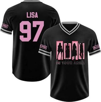 Generic Maillot de Baseball imprimé Noir et Rose Kpop Lisa Jennie Jisoo Rose, t-Shirt de Baseball Hip-hop à col en V pour Les Fans de Musique 05-8 S