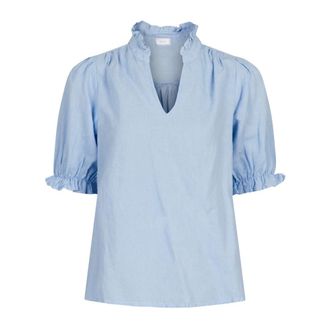 Neo Noir Femme, Blouses et Chemises, Bleu, Taille: 36 FR Chemisier en lin bleu clair avec d&eacute;tails &agrave; volants