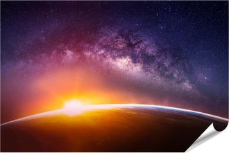 Islandburner XXL Bild Poster Sonnenaufgang im Weltall mit Milchstra&szlig;e und leuchtendem Horizont Premium Bilder Fotodruck