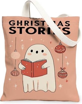 Generic Sacs fourre-tout en toile avec imprim&eacute; fant&ocirc;me de No&euml;l, sacs de courses r&eacute;utilisables, l&eacute;gers et lavables avec bandouli&egrave;re C, p&ecirc;che, 13x15 Inch
