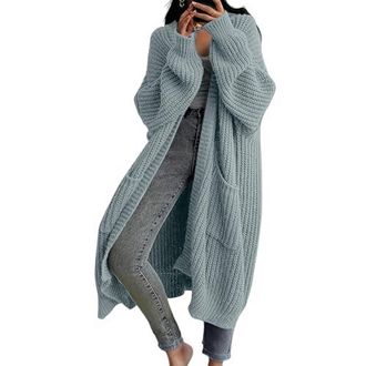 Generic Cardigan épais à capuche ouvert sur le devant en tricot surdimensionné, long, tendance, chaud pour femme, bleu clair, 5XL