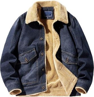 Generic Veste en jean en coton pour homme - Grande taille - Col en fausse fourrure - Doublure en polaire - Style d&eacute;contract&eacute;, bleu marine, 3XL
