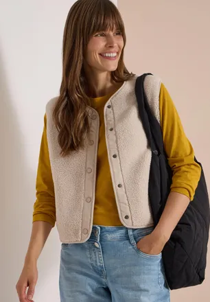 Cecil Kurzweste CECIL, Damen, Gr. XXL (46), beige (teddy vanillewei&szlig;), Stoff, 100% Polyester, unifarben, normal normal, Rundhals, Westen, mit durchgehender 
