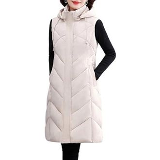 Generic Gilet long pour femme, doudoune longue d&eacute;contract&eacute;e, sans manches, &agrave; capuche zipp&eacute;e, chaud et &eacute;pais, id&eacute;al pour lautomne et lhiver, beige, taille 4XL