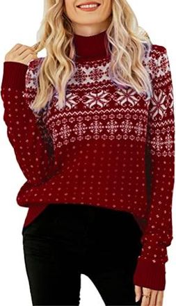 Onsoyours Pull de Noël pour Femme Haut en Tricot à Manches Longues avec Col Roulé Renne Flocons de Neige Bonhomme de Neige Xmas Chandail Pull D Rouge XL