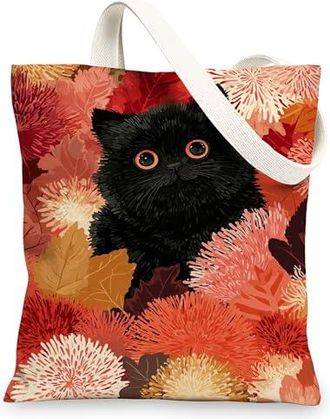 Generic Sacs en toile avec motif de chat vintage, réutilisables, légers, lavables avec bandoulière, noir, 13 x 15 pouces