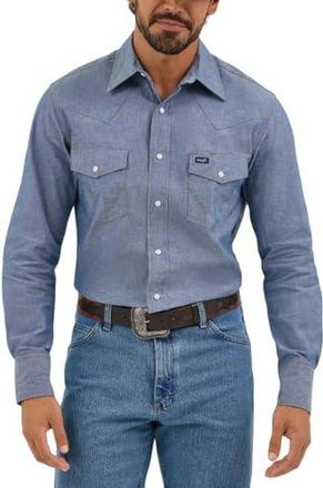 Wrangler Chemise de Travail Western à Manches Longues pour Homme Finition délavée, Medium Blue Chambray