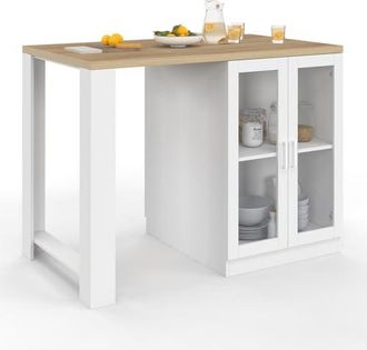 IDMarket Ilot Central Lino 120 cm 2 Personnes Bois Blanc et Plan de Travail façon hêtre et Portes vitrées