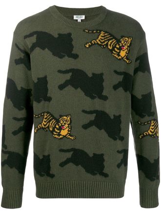 Kenzo Intarsien-Pullover mit Tiger - Gr&uuml;n