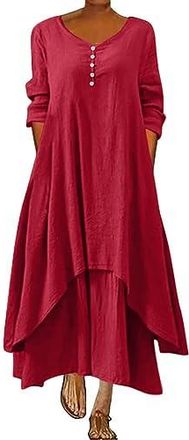 TOMWELL Femme Robe Ete Robe de Plage Cocktail Manches Longues Col Rond Maxi Robe Imprimé Fleurie Vintage Robes Longue Ample Grande Taille A Rouge 5XL