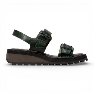 FLY London Damen-Sandalen HEIF558FLY aus petrolgr&uuml;nem Leder mit Keilabsatz und Schnalle