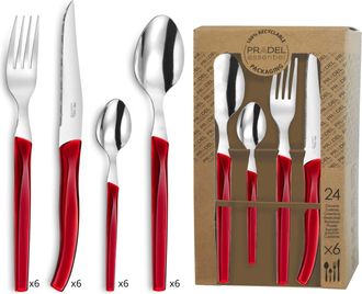 Lou Laguiole RISING SUN Besteck Set 6 Personen | 24-teilig | Rot gl&auml;nzend | Essbesteck 6 Personen sp&uuml;lmaschinenfest | 18/0 Edelstahl mit Mikroverzahnung | 6x Messe