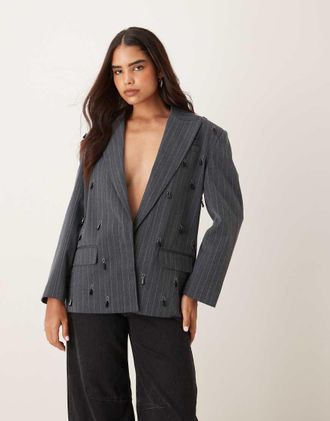 Asos Blazer oversize ajust&eacute; &agrave; rayures fines - Gris
