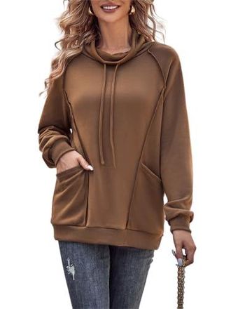 Generic Chandail &agrave; capuche d&eacute;contract&eacute; &agrave; manches longues pour femme, coupe d&eacute;contract&eacute;e, pull l&eacute;ger avec cordon de serrage et poches, marron, taille L pour un