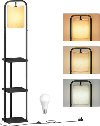 Vasagle Stehlampe mit 3 Ablagen, Standleuchte, Stehleuchte, LED-Gl&uuml;hbirne inklusive, mit Fu&szlig;schalter, Lampenschirm aus Stoff, f&uuml;r Wohnzimmer und Schlafzimmer,