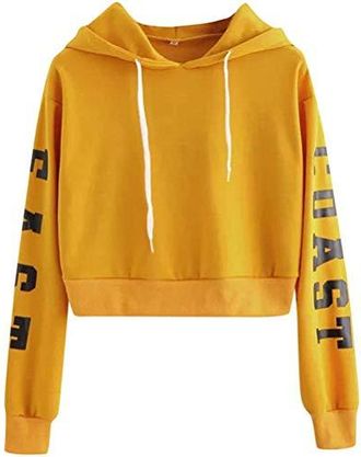 ORANDESIGNE Sweat &agrave; Capuche Court &agrave; Manches Longues Femme Imprim&eacute; de Lettres Pullover Sweat-Shirt Chemisier Crop Tops B Jaune XS