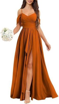 Generic Robe de demoiselle dhonneur à épaules dénudées avec fente plissée en mousseline de soie - Robe formelle pour invitée de mariage, orange brûlé, 58 Gran