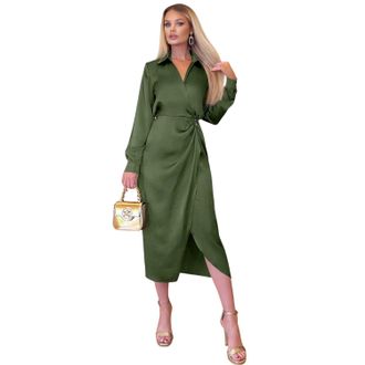 AX PARIS Midi Hemd Kleid f&uuml;r Damen, Satin (Oliv)