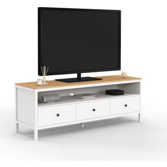 IDMarket TV-M&ouml;bel 140 cm ACHILLE 3 Schubladen wei&szlig; und Holzplatte