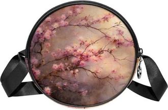 Generic Petit sac &agrave; bandouli&egrave;re rond pour femme, motif fleurs de cerisier avec fermeture &eacute;clair, bretelles r&eacute;glables, sac &agrave; main rond d&eacute;contract&eacute; pour femmes 