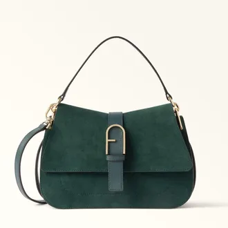 Furla Flow Henkeltasche M Toni Dark Forest Gr&uuml;n Wildleder + Claris Lux-kalbsleder Mit Intarsie Damen