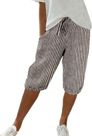 Generic Short court en coton et lin pour femme avec cordon de serrage et taille &eacute;lastique - Pantalon court ray&eacute; avec poches - Longueur genou - Pantalon d&eacute;cont